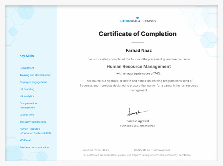Human Resource Management - Certificate of Completion | PDF | Business