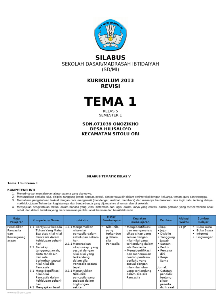 Silabus K13 Kelas 5 Tema 1 | PDF