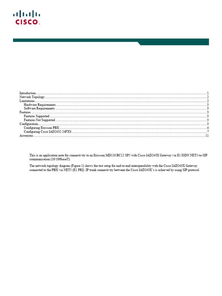 Ericsson MD110 BC12 To A Cisco IAD243X Using E1-ISDN NET5 With SIP ...