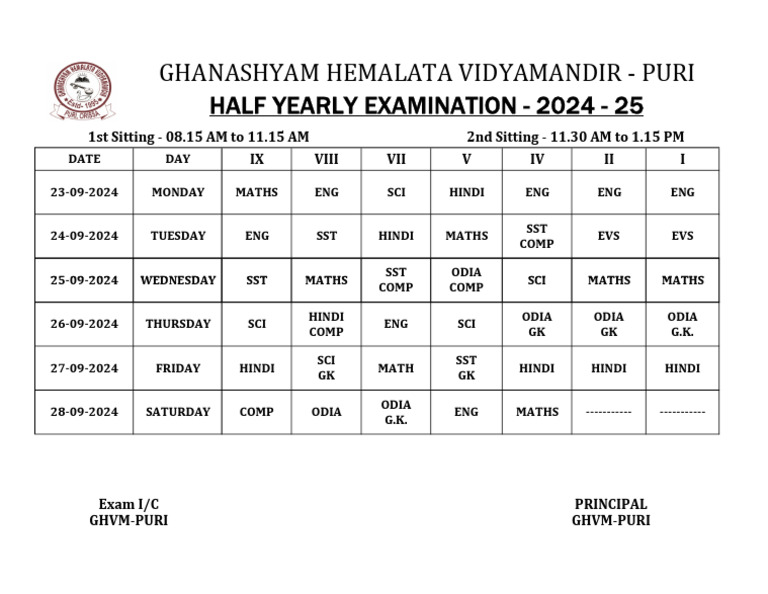 EXAM SCHEDULE - Half Yearly Examination - 2024-25 | PDF