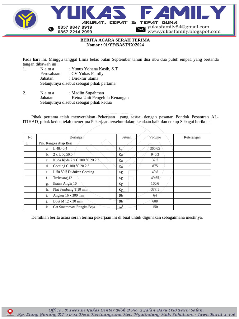 BERITA ACARA SMMK Alitihad Rangka Atap Besi | PDF