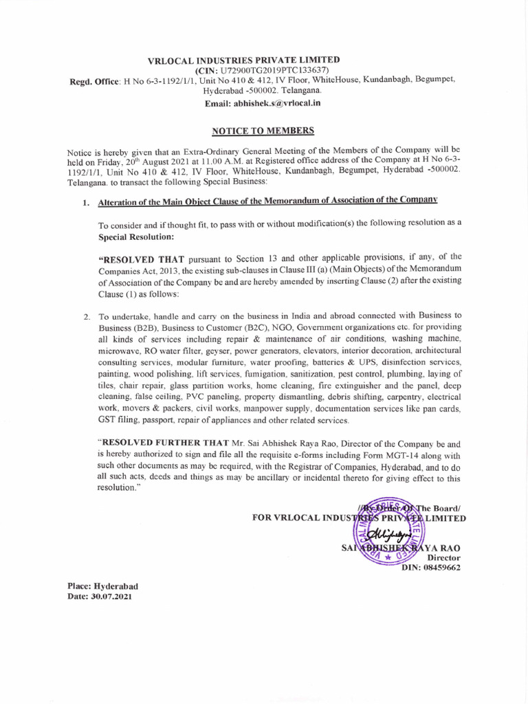 EGM Notice & Extract | PDF