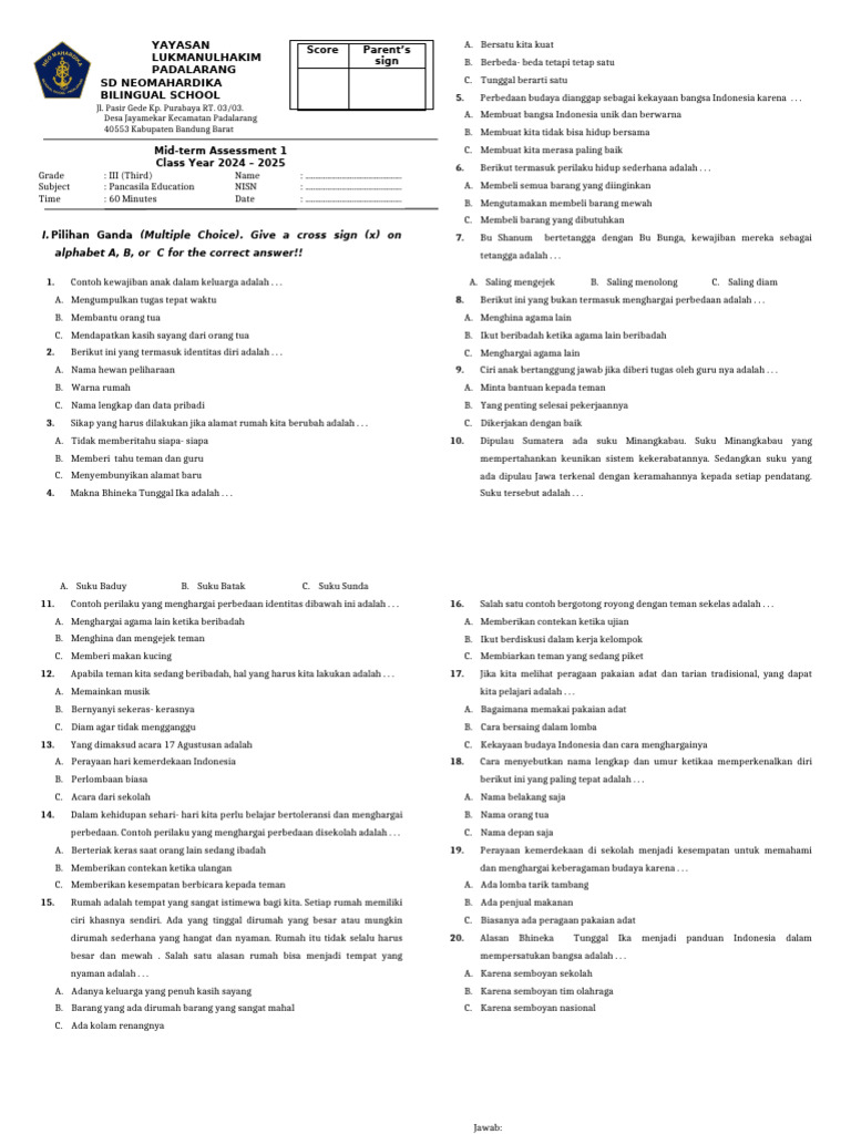 Soal PTS Pancasila Education Kelas 3 | PDF