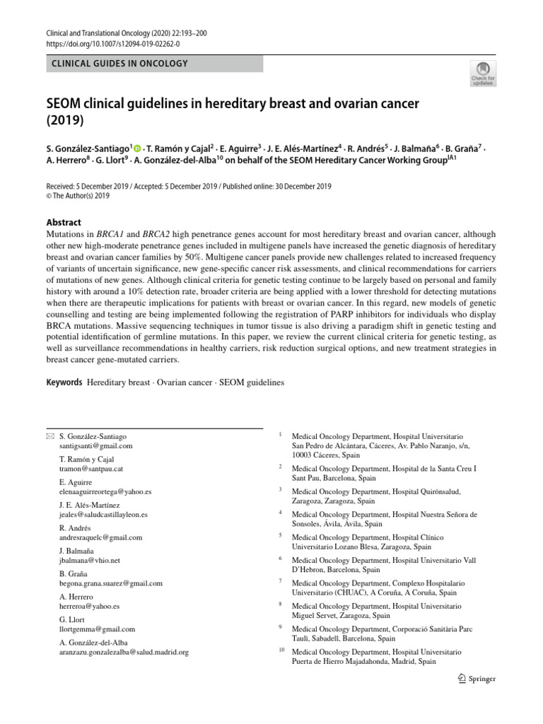 SEOM clinical guidelines in hereditary breast and ovarian cancer_2019 | PDF
