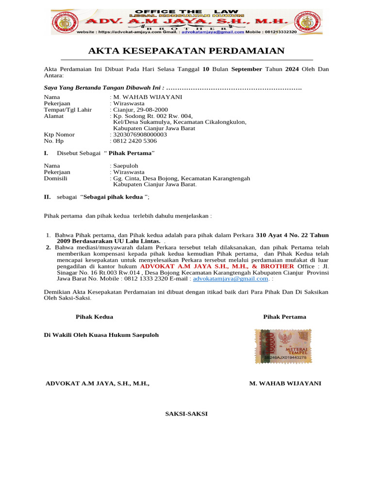 Akta Kesepakatan Perdamaian Lakalantas Wahab Saepuloh | PDF