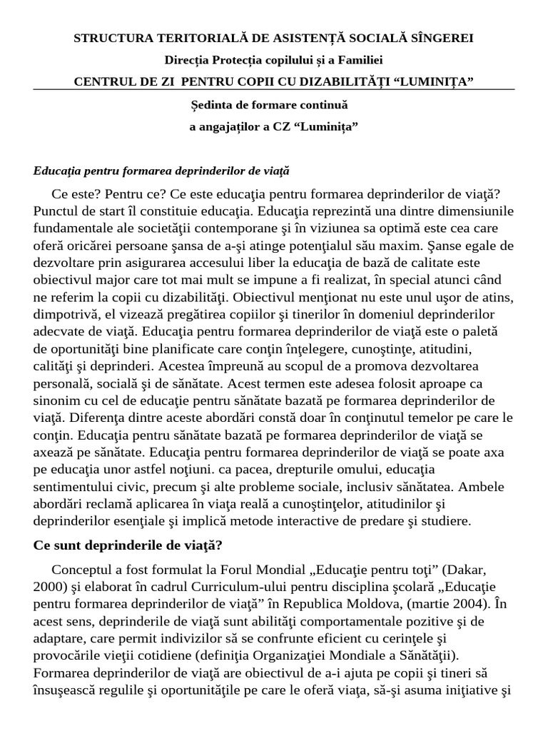 Educaţia Pentru Formarea Deprinderilor de Viaţă | PDF