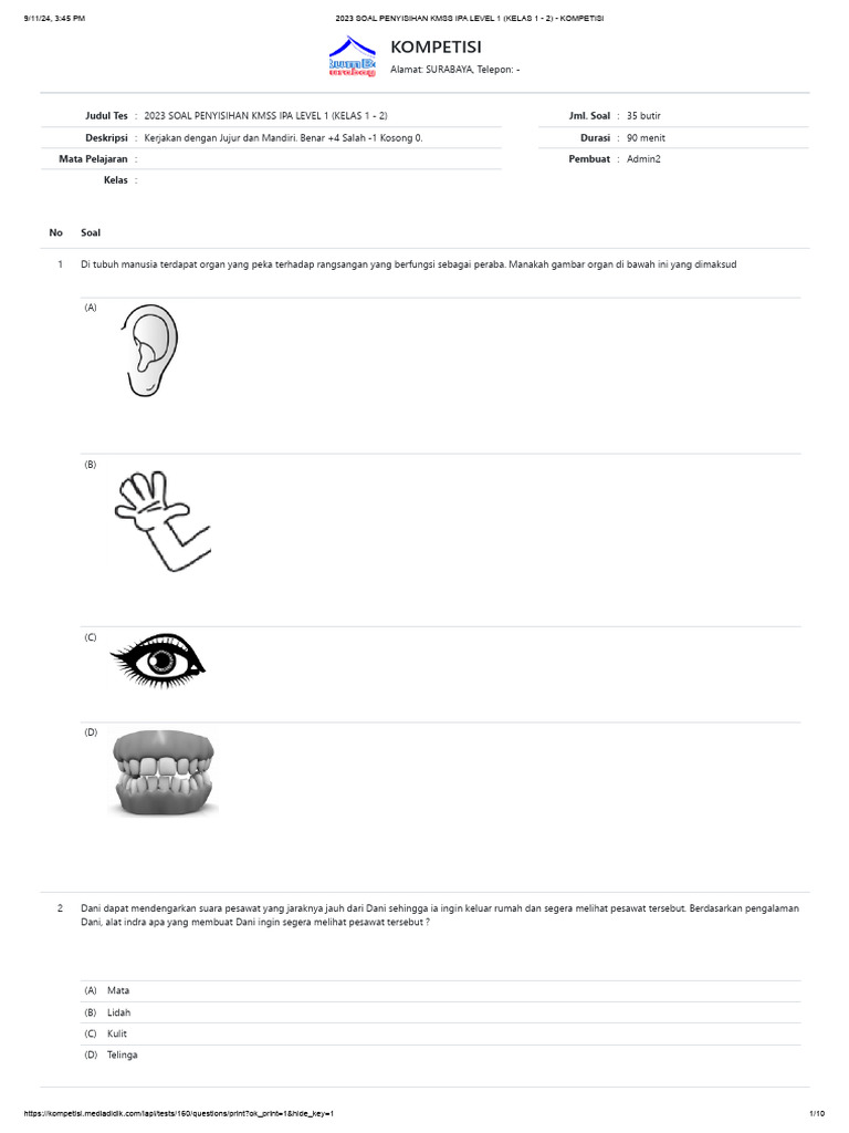 2023 Soal Penyisihan KMSS Ipa Level 1 (Kelas 1 - 2) - Kompetisi | PDF