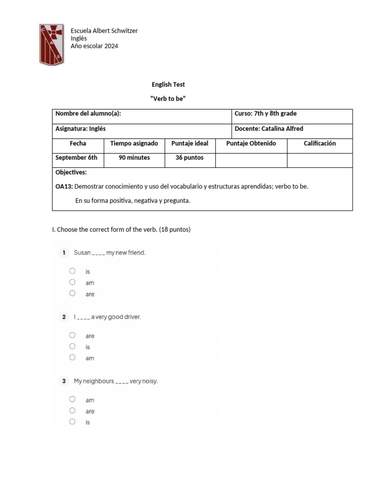 Test Verb To Be 7th, 8th Grade | PDF