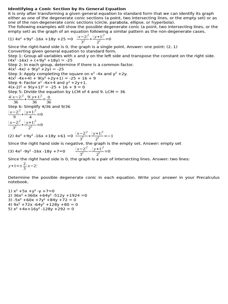 Week 6 Identifying A Conic Section by Its General Equation | PDF
