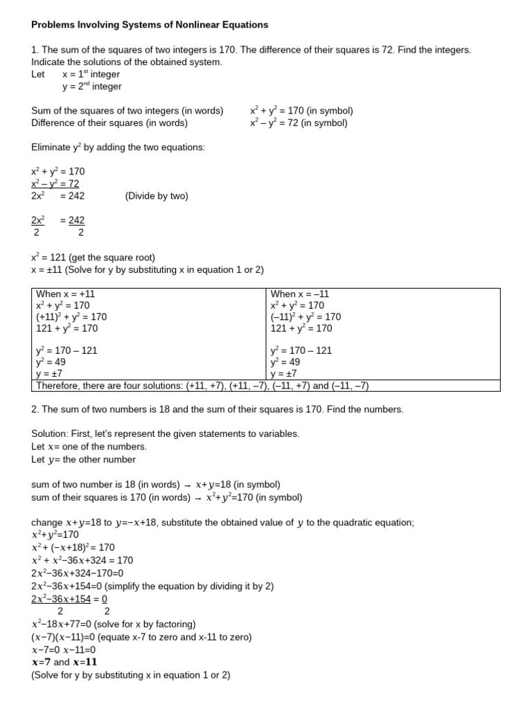 Problems Involving Systems of Nonlinear Equations 2 | PDF