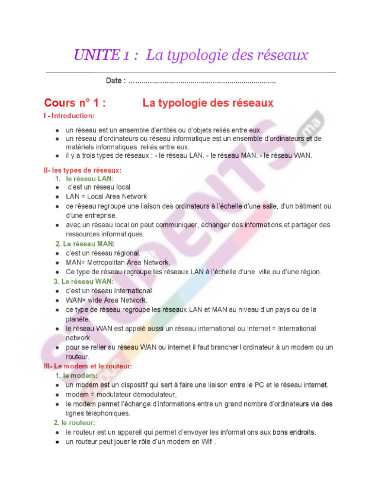 La Typologie Des Réseaux Informatique 3ème Année Collège | PDF