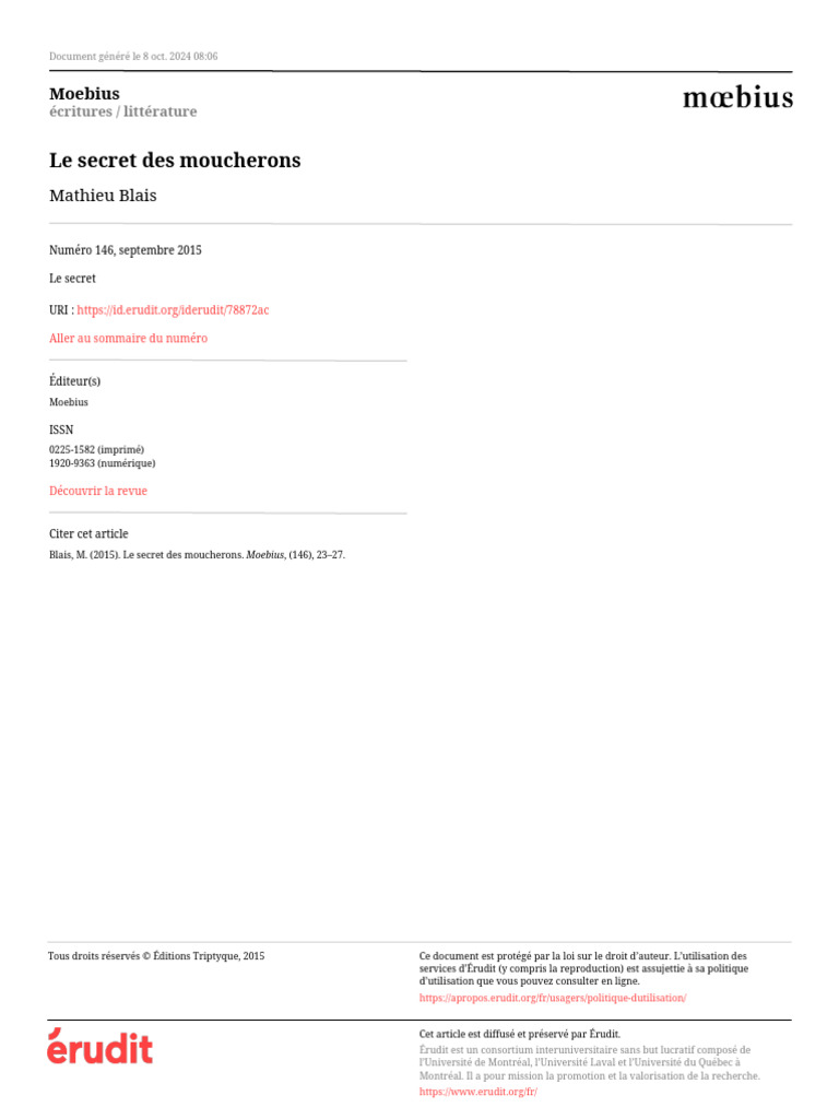 Le Secret Des Moucherons: Mathieu Blais | PDF