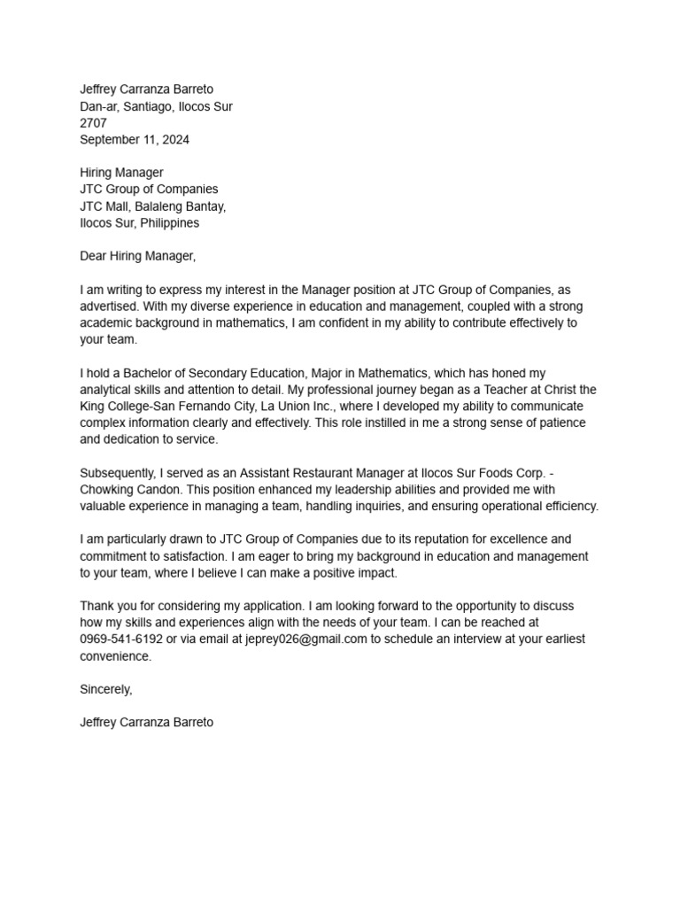 Application Letter - JTC Mall - Manager | PDF