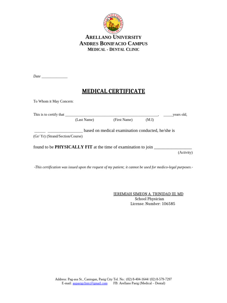 Official Medical Certificate For School Activity Doc Je | PDF
