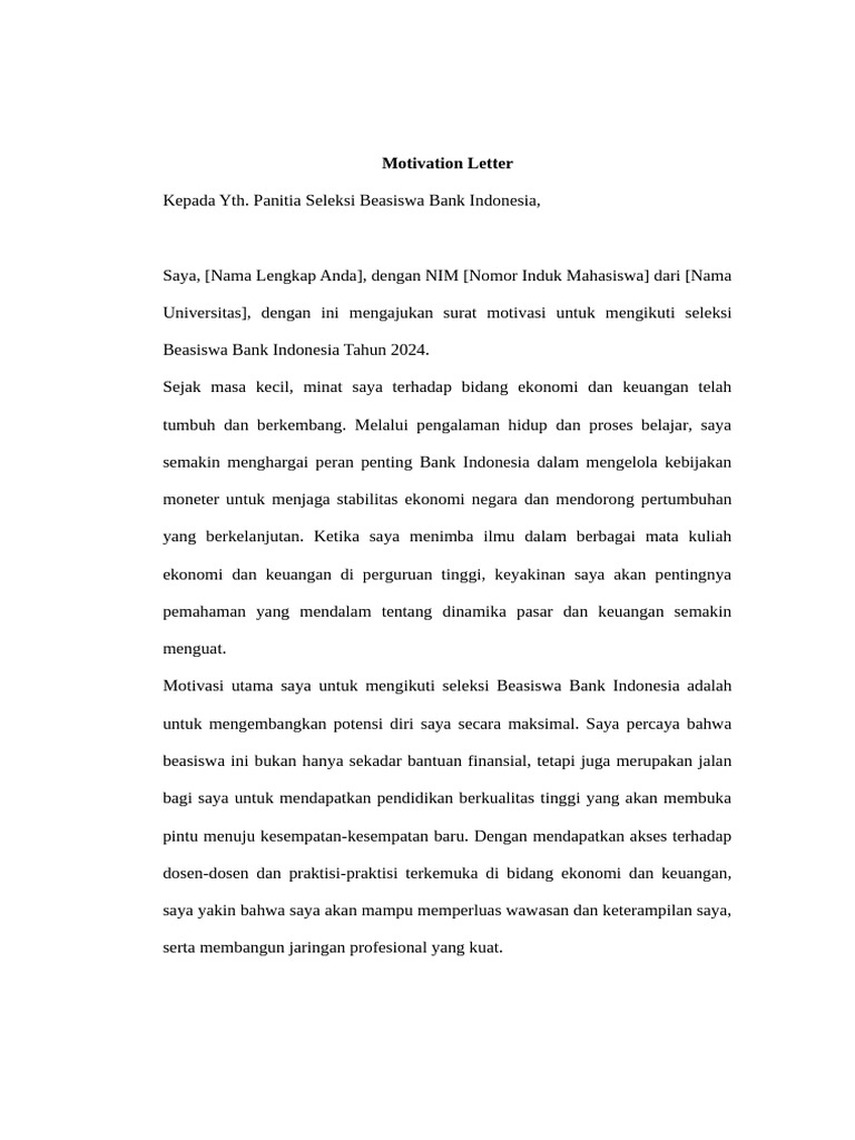 Motivation Letter Untuk Seleksi Beasiswa | PDF