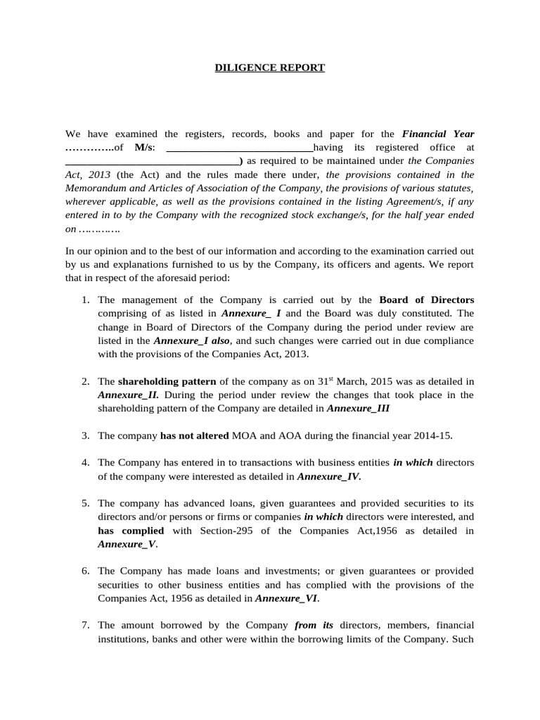 FORMAT OF DUE DILIGENCE REPORT | PDF