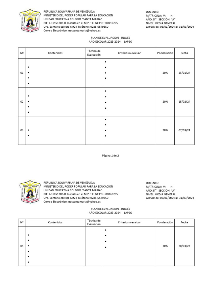 Plan de Evaluación Inglés 5to Año 'A' 2do Lapso | PDF