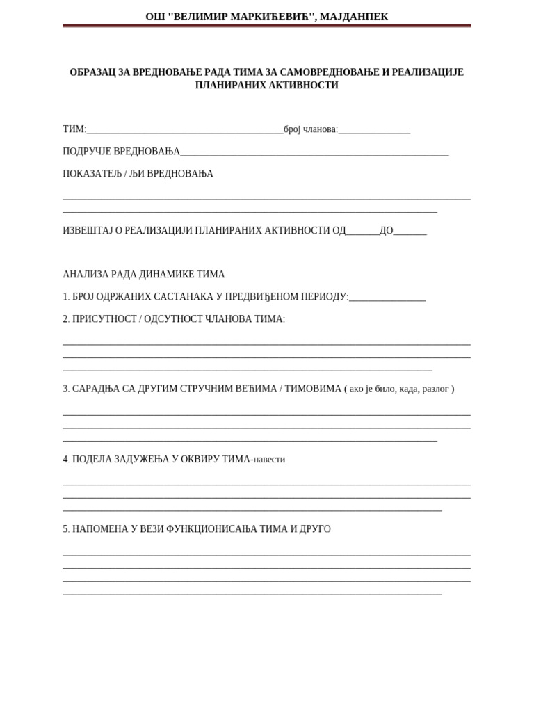 Obrazac Za Procenu Realizacije Planova Samovrednovanje | PDF