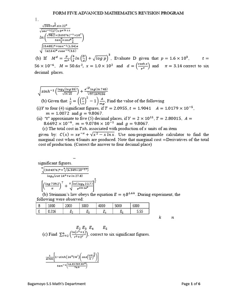 Form Five Advanced Mathematics Revision Program_103108 | PDF