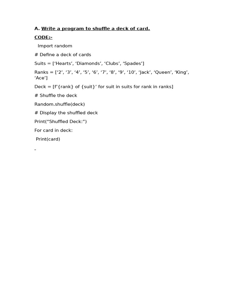 A. Write A Program To Shuffle A Deck of Card. CODE | PDF