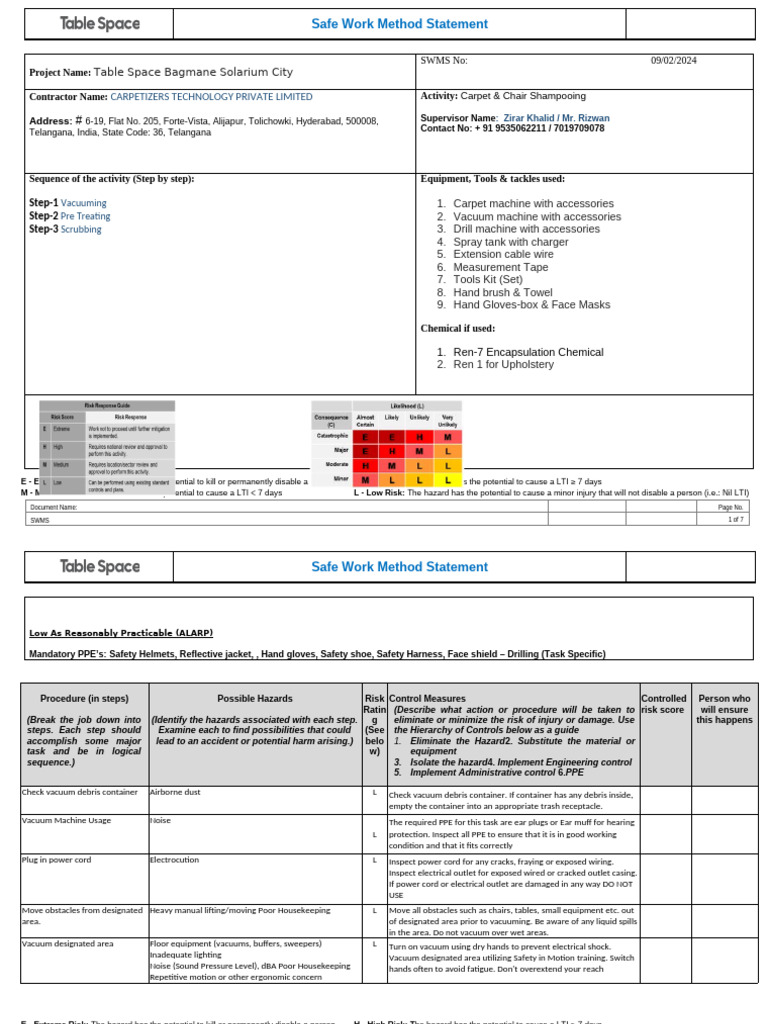 Carpet Shampooing SWMS | PDF
