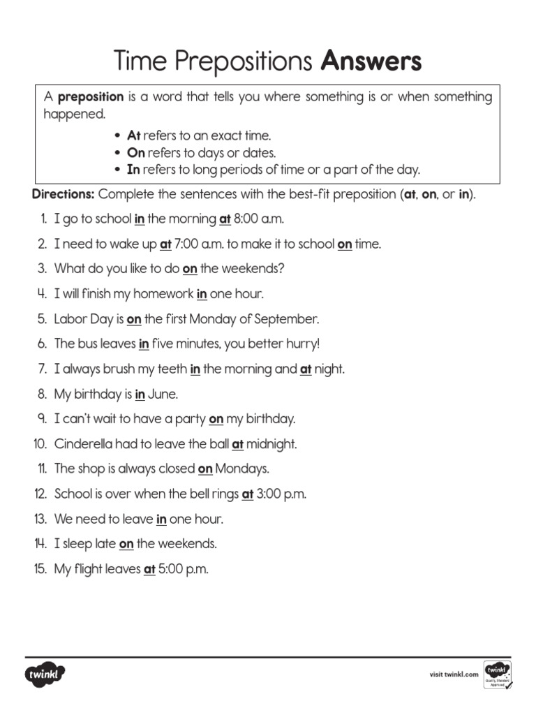 Time Prepositions Worksheet Answers | PDF