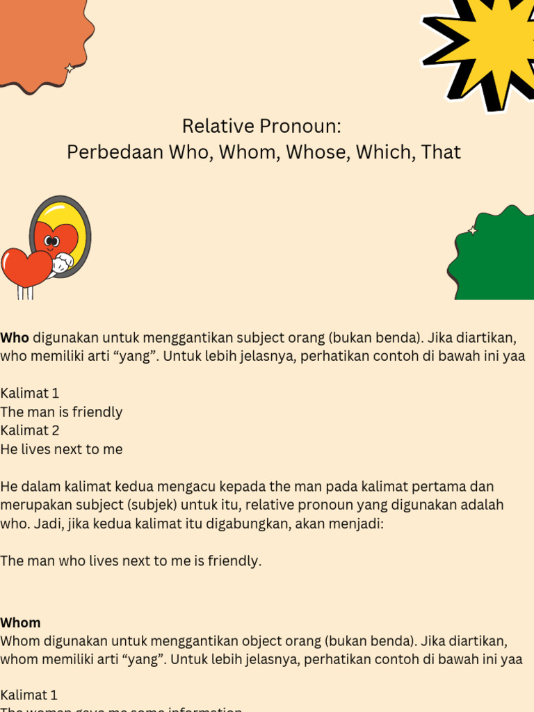Relative Pronoun Perbedaan Who, Whom, Whose, Which, That | PDF