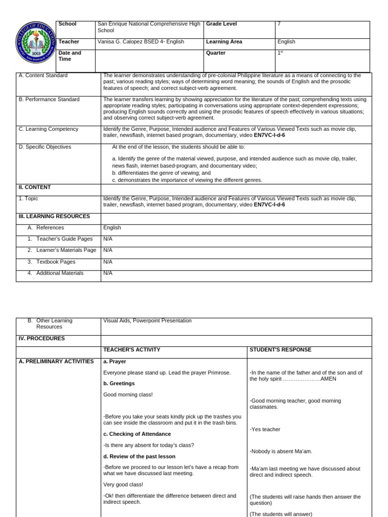 2LESSON EXEMPLAR ENGLISH SAMPLE 2 Vanessa 6.FINAL LESSON PLANdocx | PDF | Learning | Animation