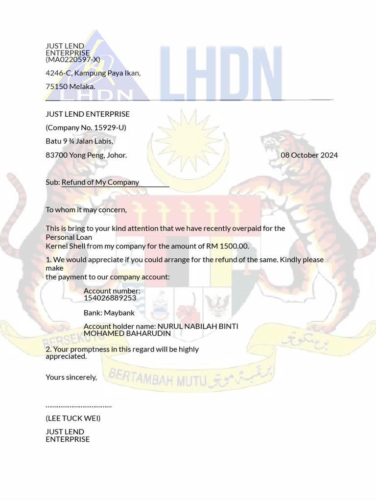 Surat Refund Docx. - 1 | PDF