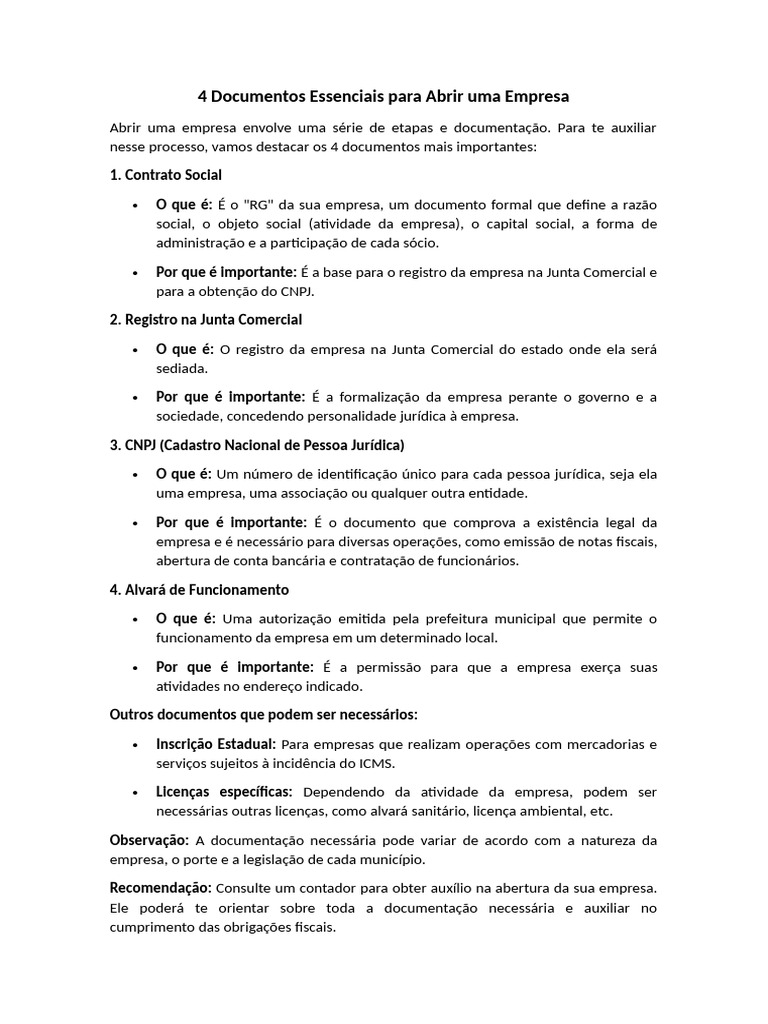 4 Documentos Essenciais para Abrir Uma Empresa | PDF