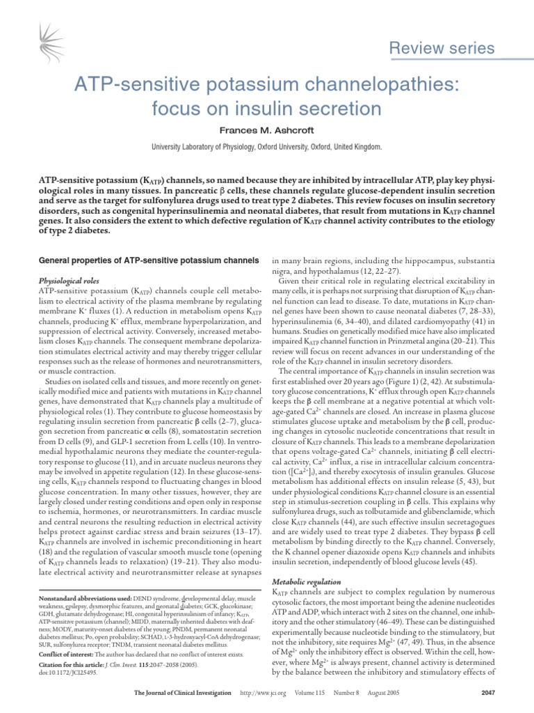 ATP-sensitive Potassium Channelopathies Focus On Insulin Secretion | PDF