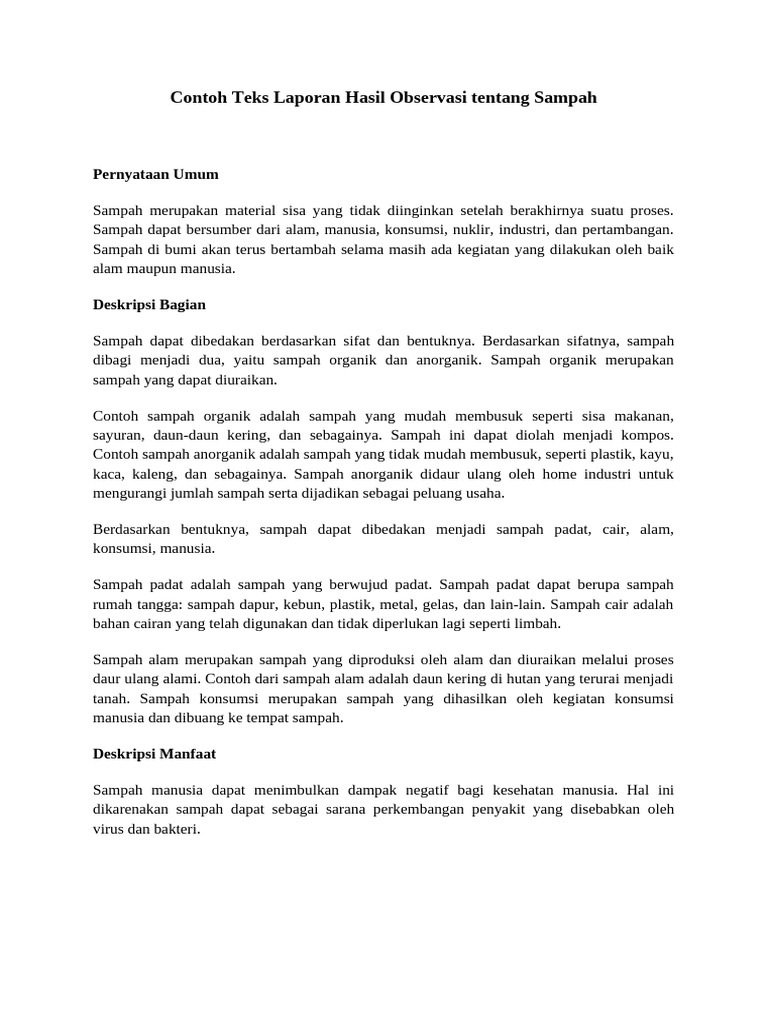 Contoh Teks Laporan Hasil Observasi Tentang Sampah | PDF