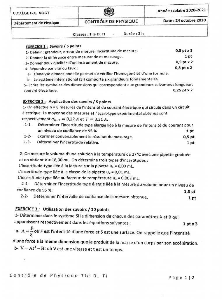 Orni Coll FX Vogt Physique Tle D TI Octobre 2020 | PDF