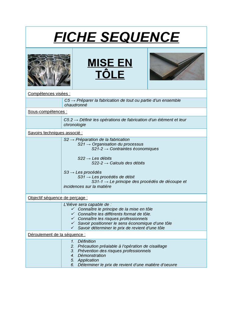 FICHE SEQUENCE (Mise en Tôle) | PDF