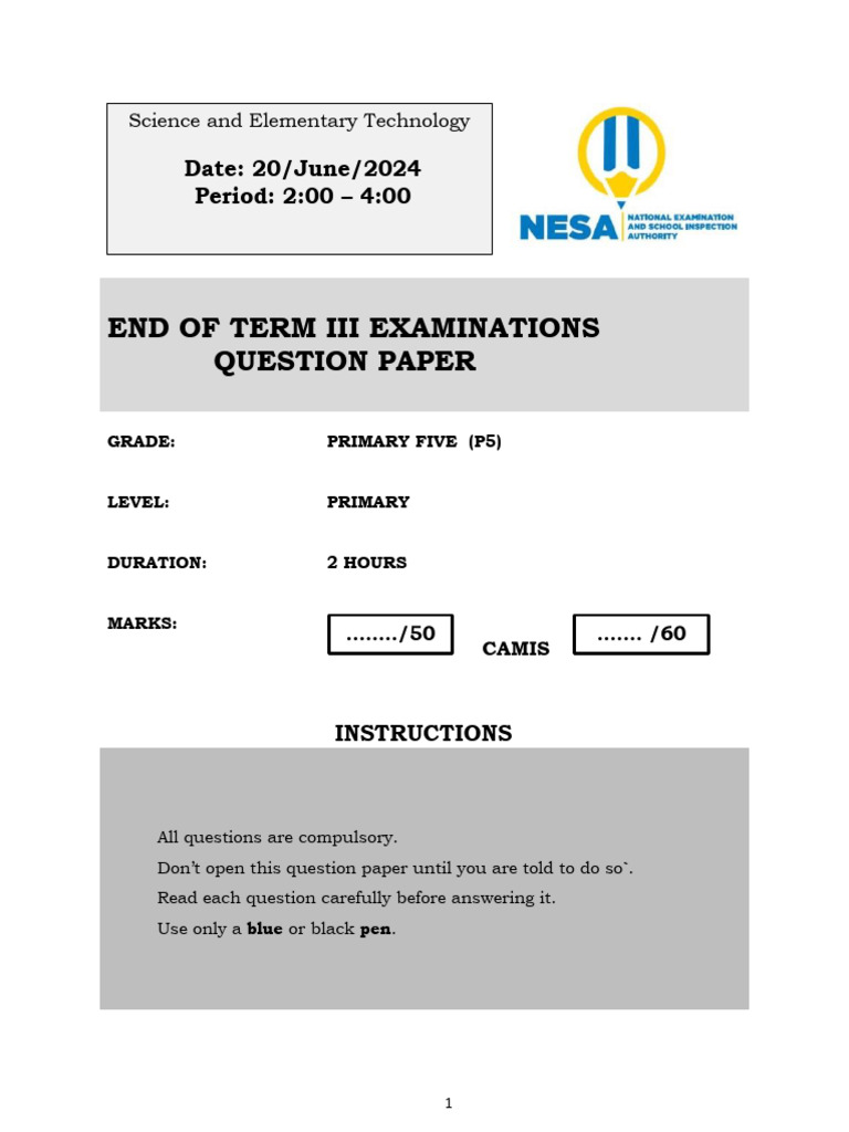 End of Term Iii Examinations Question Paper: Date: 20/june/2024 Period ...