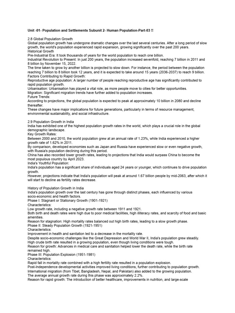 Unit - 01 - Population and SettlementsnSubunit 2 - Human Population ...