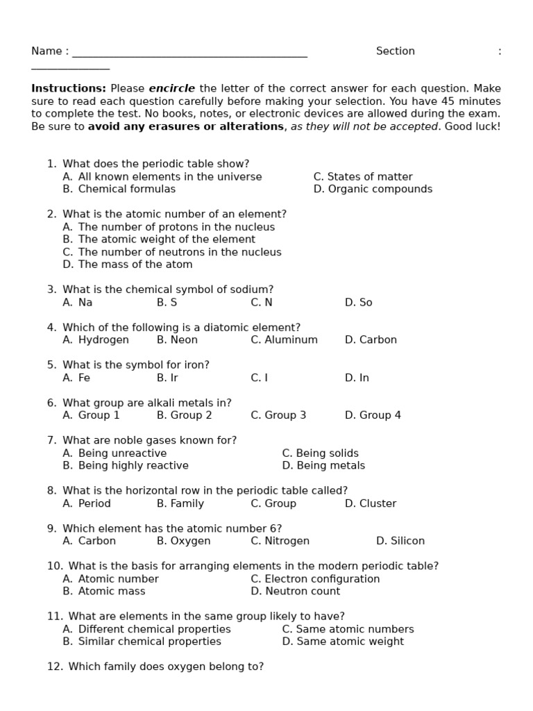 Periodic Table Test | PDF