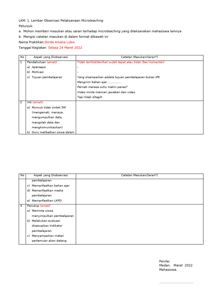 LKM-1. Lembar Observasi Pelaksanaan Microteaching | PDF