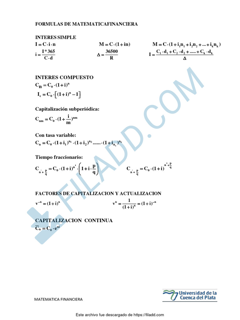 Resumen de Formulas MatFciera UCP - 2020 | PDF