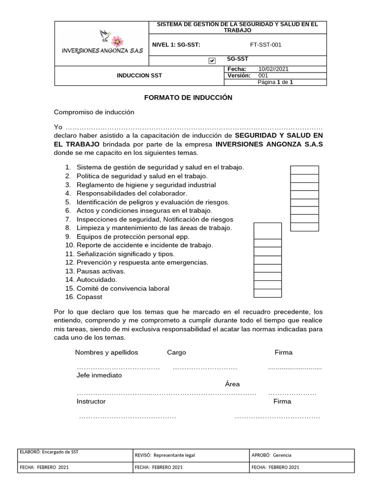 FT-SST-001 Formato de Inducción SST | PDF