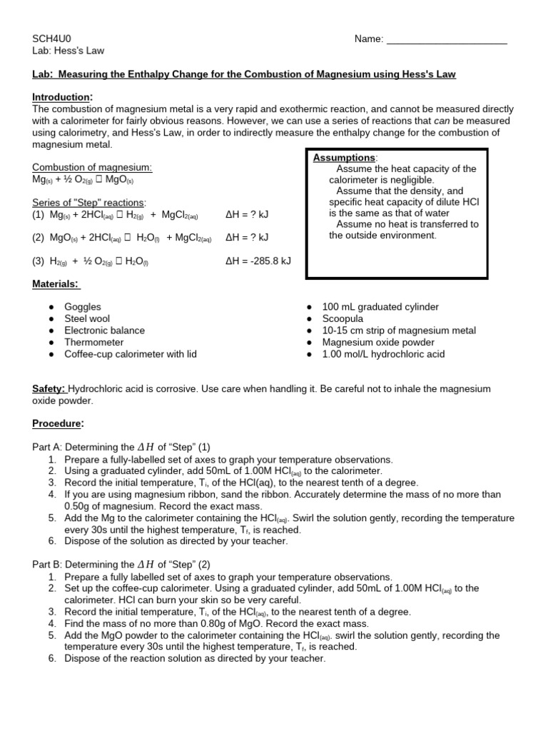 Calorimetry and Hess Lab | PDF | Magnesium | Chemical Substances
