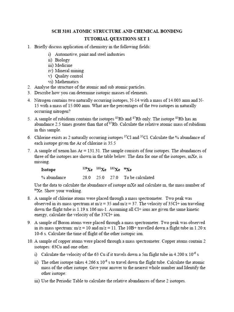 SCH 3101 ATOMIC STRUCTURE AND CHEMICAL BONDING TUTORIAL SET 1-2023V2 | PDF