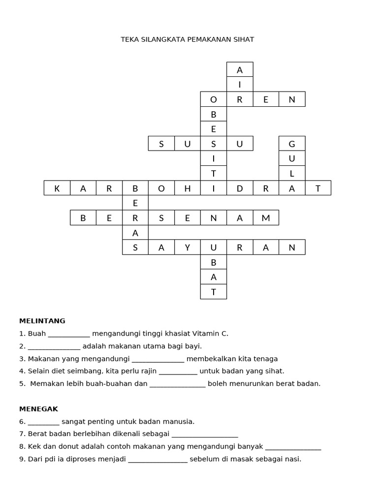 Teka Silang Kata Kuiz Pemakanan 2022 | PDF