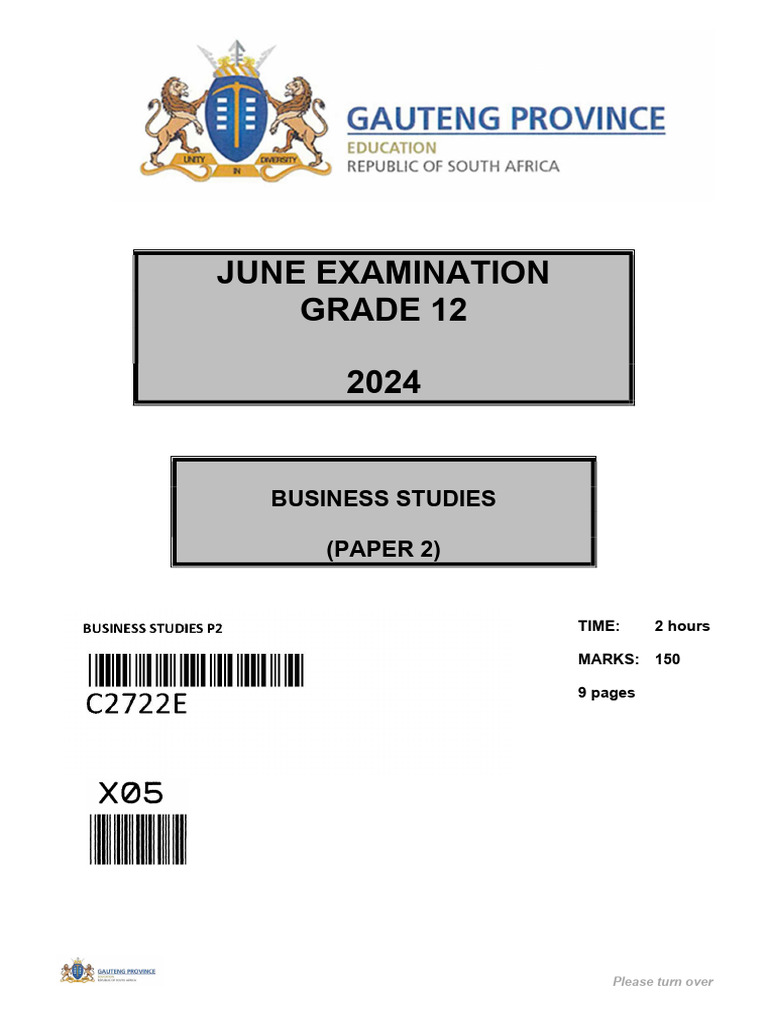 Grade 12 NSC Provincial Examination Business Studies P2 (English) June ...