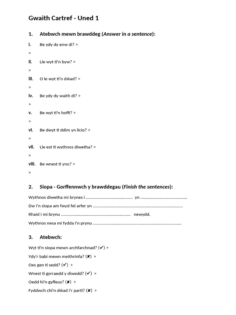 Taflenni Gwaith Cartref - Sylfaen - Unedau 1-26 - Gogledd | PDF