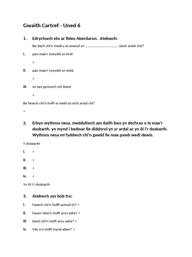 Gwaith Cartref Sylfaen Uned 6 Gogledd Cymru | PDF