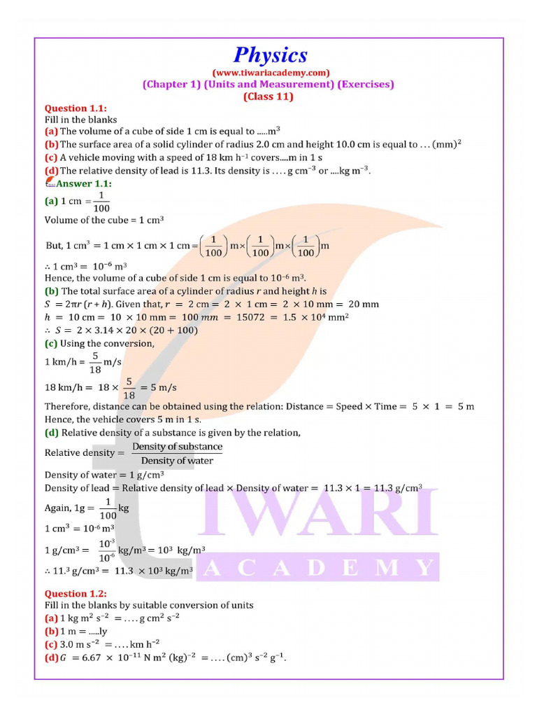 11 Physics Solutions Chapter 1 1.Jpg | PDF