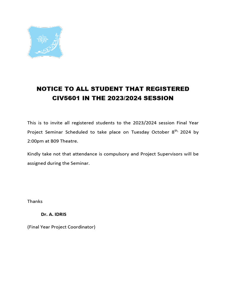 Notice To 20232024 Fyp Students 01 | PDF