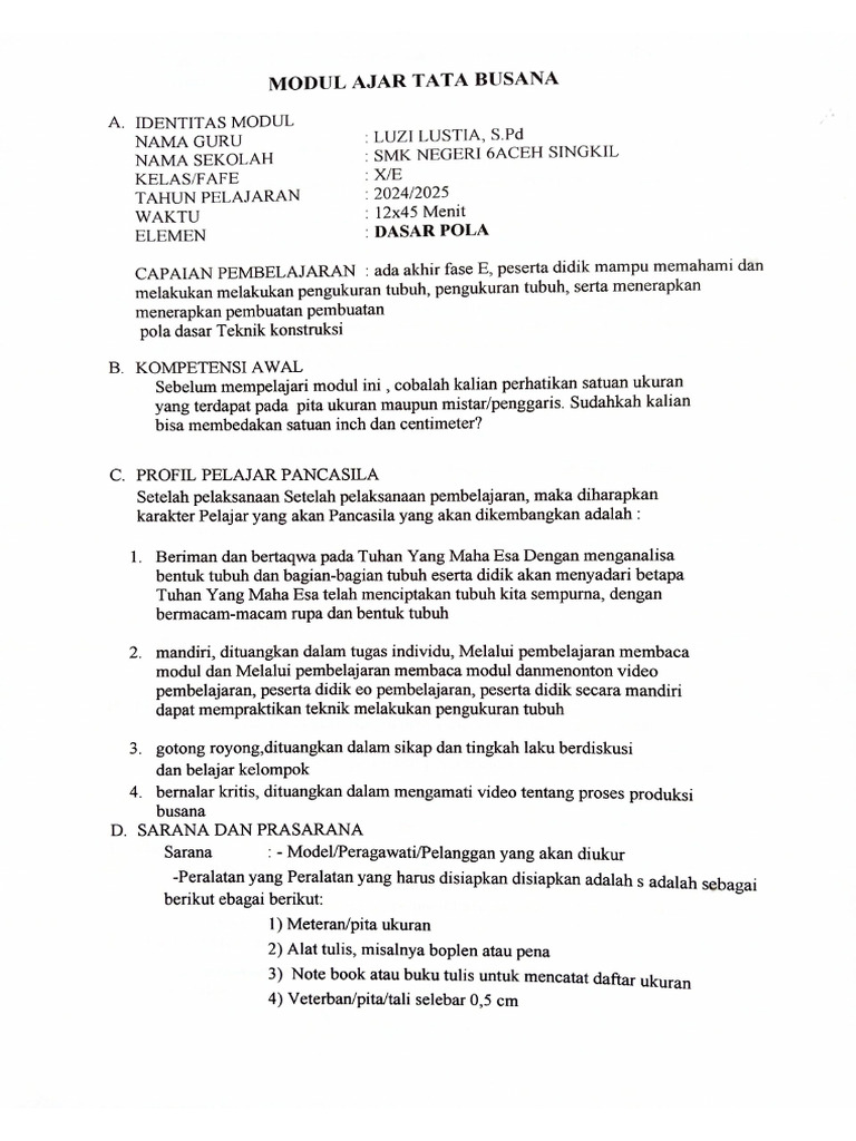 Modul Ajar Dasar Busana | PDF