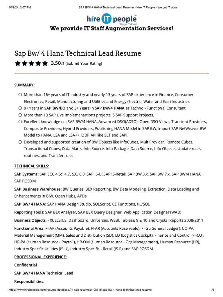 SAP BW - 4 HANA Technical Lead Resume - Hire IT People - We Get IT Done | PDF